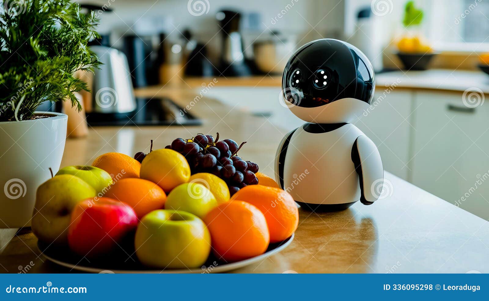 A Small Robot Standing on a Kitchen Counter Next To a Plate of Fruit ...