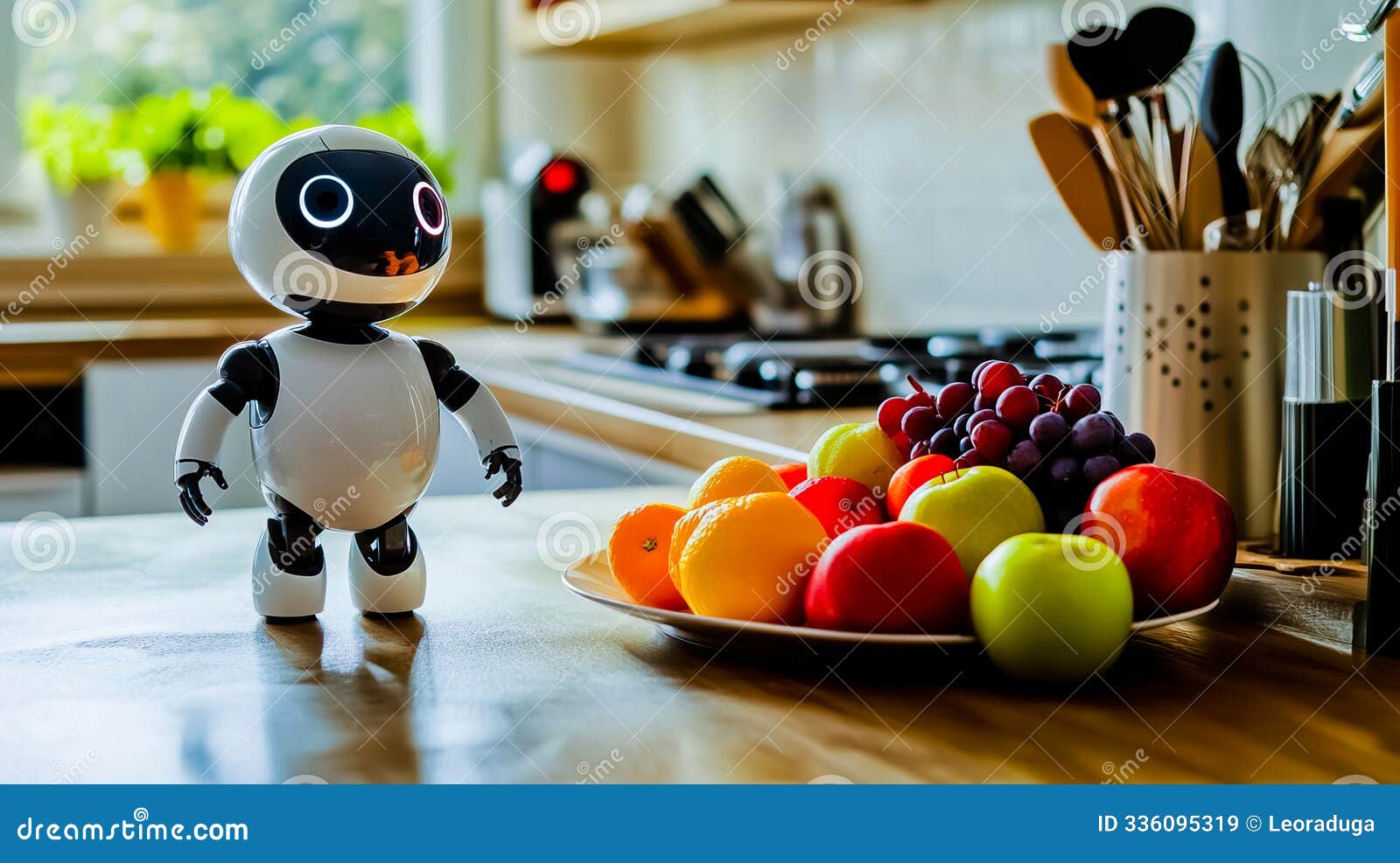 A Small Robot Standing on a Kitchen Counter Next To a Plate of Fruit ...