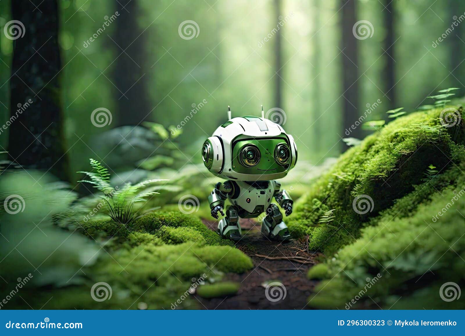 A Small Robot Standing on a Path in the Forest among the Trees. Stock ...