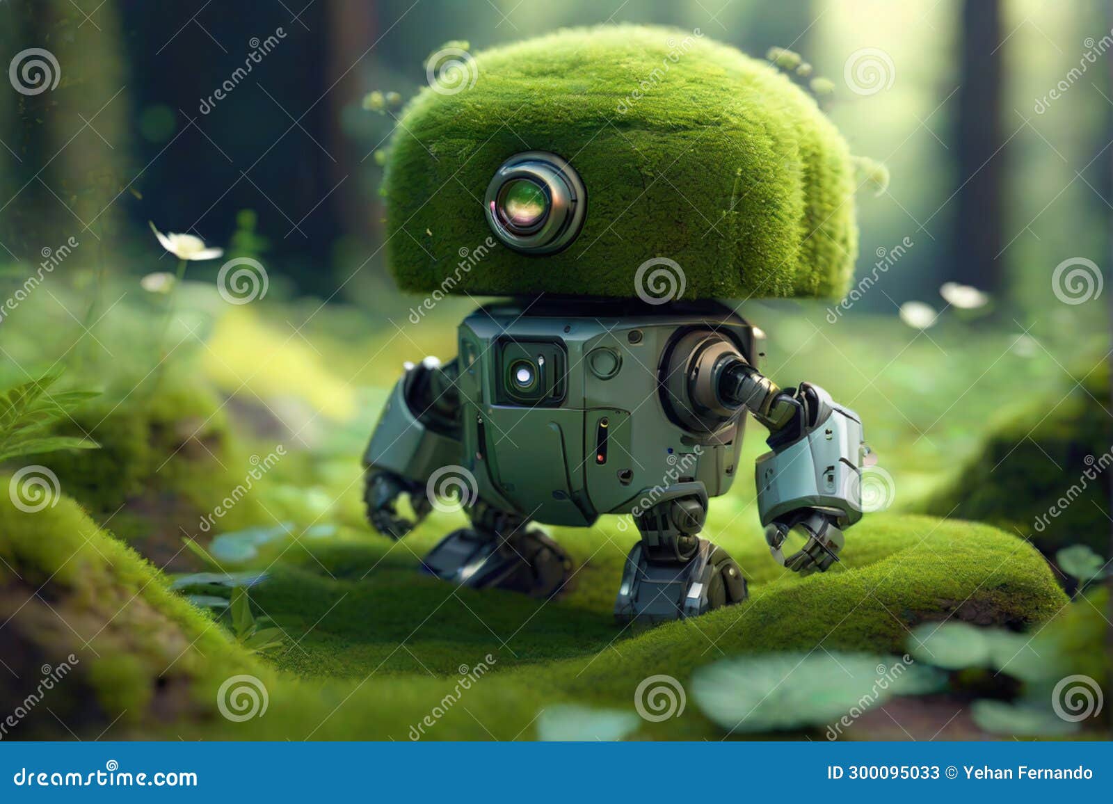A Small Robot Standing on Top of a Moss Covered Ground Stock Image ...