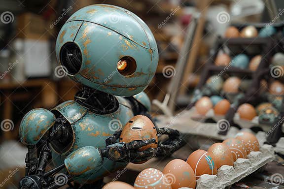 Small Robot Surrounded by Colorful Eggs on a Workshop Table. Stock ...