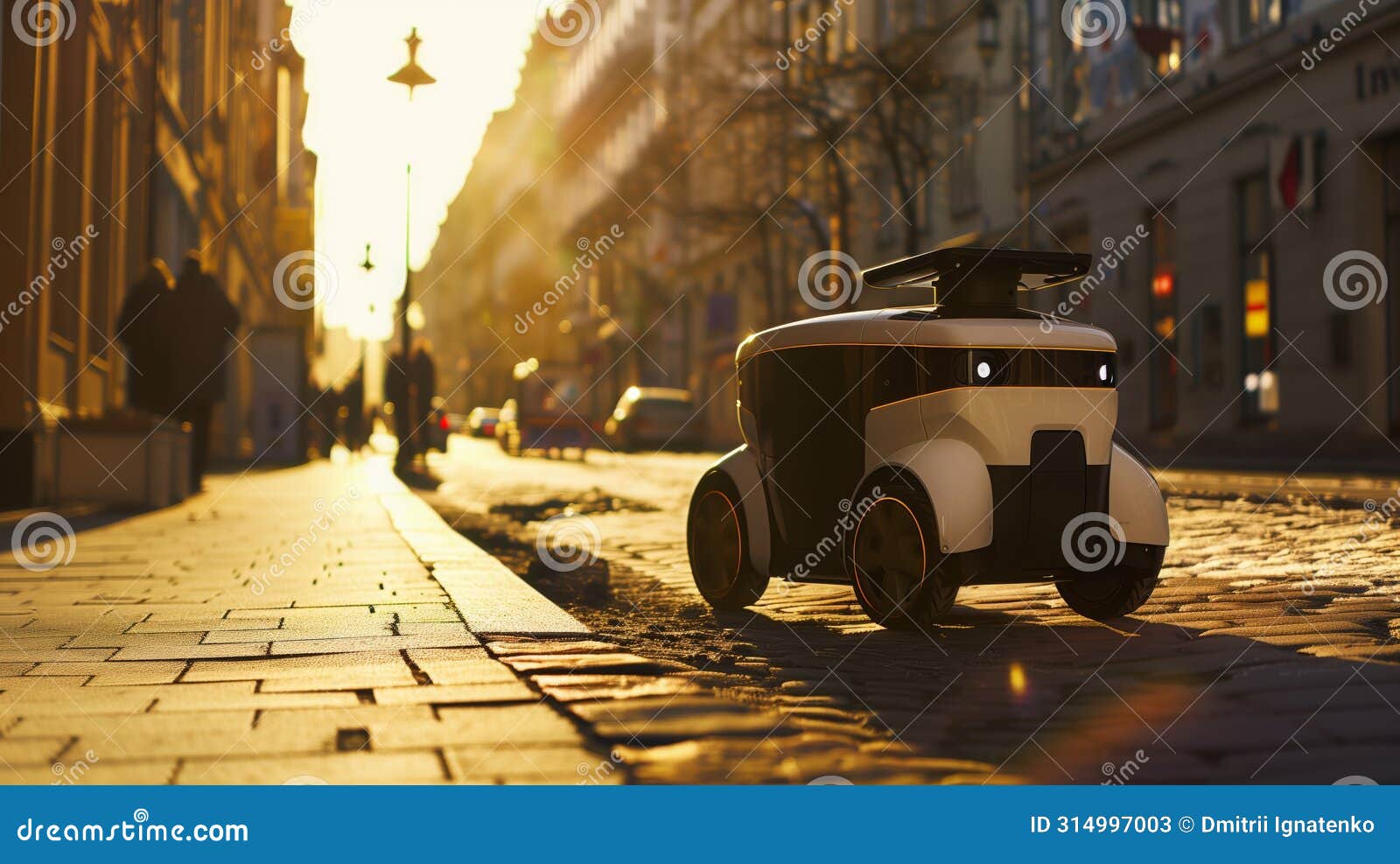 A Small Robotic Vehicle with Tire Tread Driving on a City Cobblestone ...