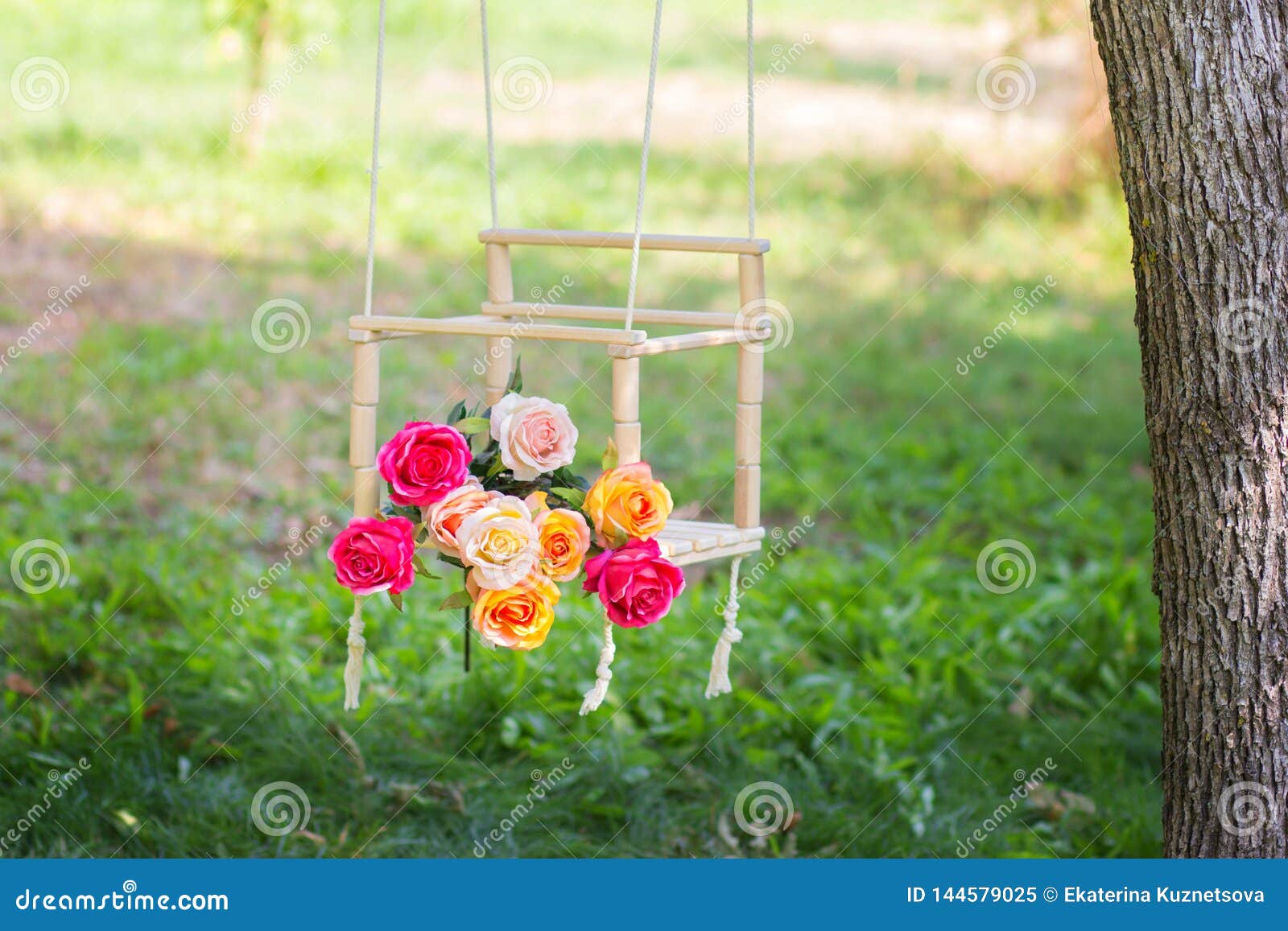 Small Rope Swing Hangs on a Tree in the Park. Roses Lie on a Swing ...