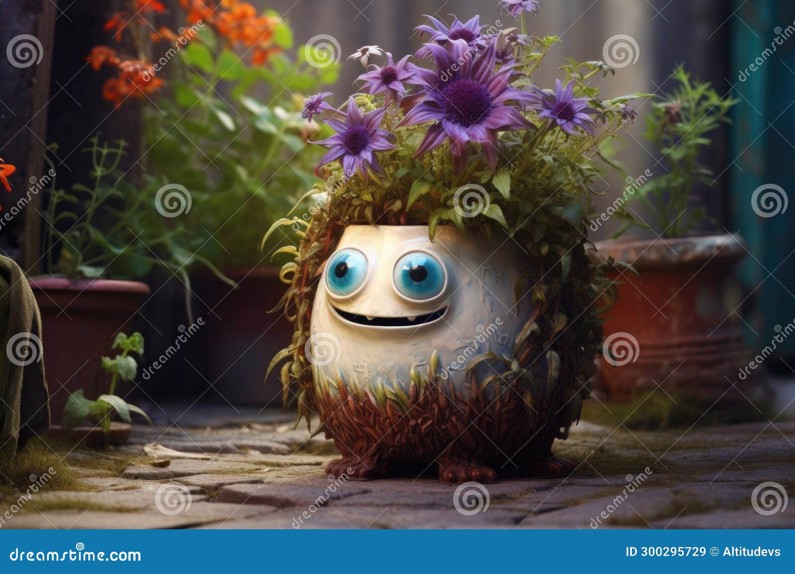 A Small, Round Monster Trying To Hide in a Flower Pot Stock Image ...