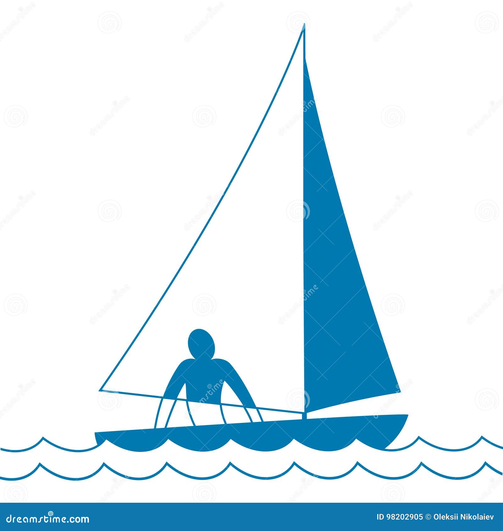 Small Sailing Boat. Sloop. Ship Coming through Waves Under Sail. Man on ...