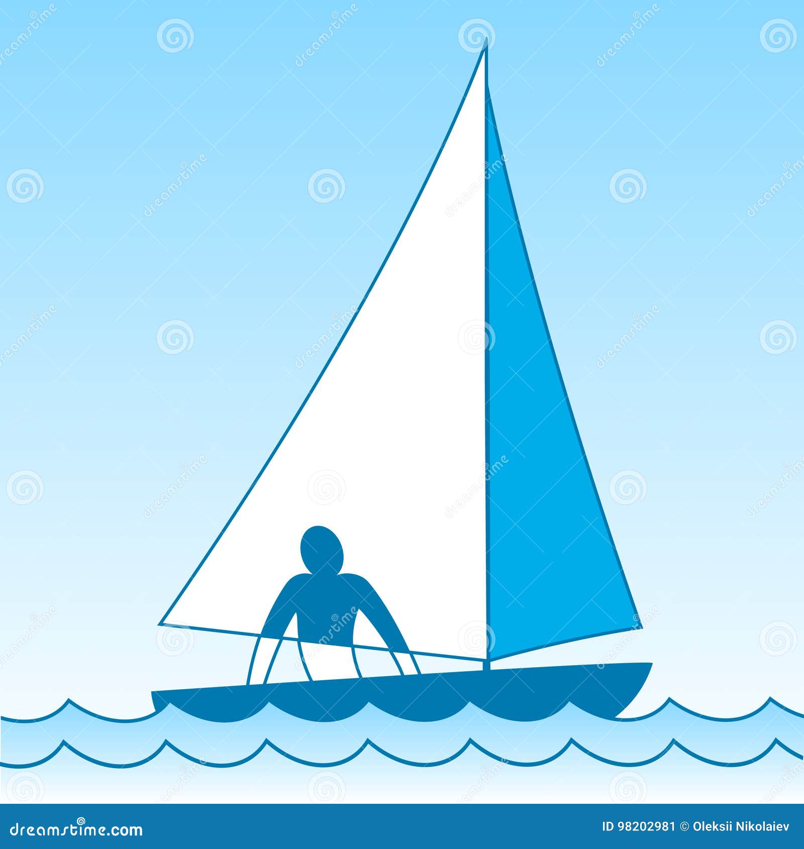 Small Sailing Boat. Sloop. Ship Coming through Waves Under Sail. Man on ...