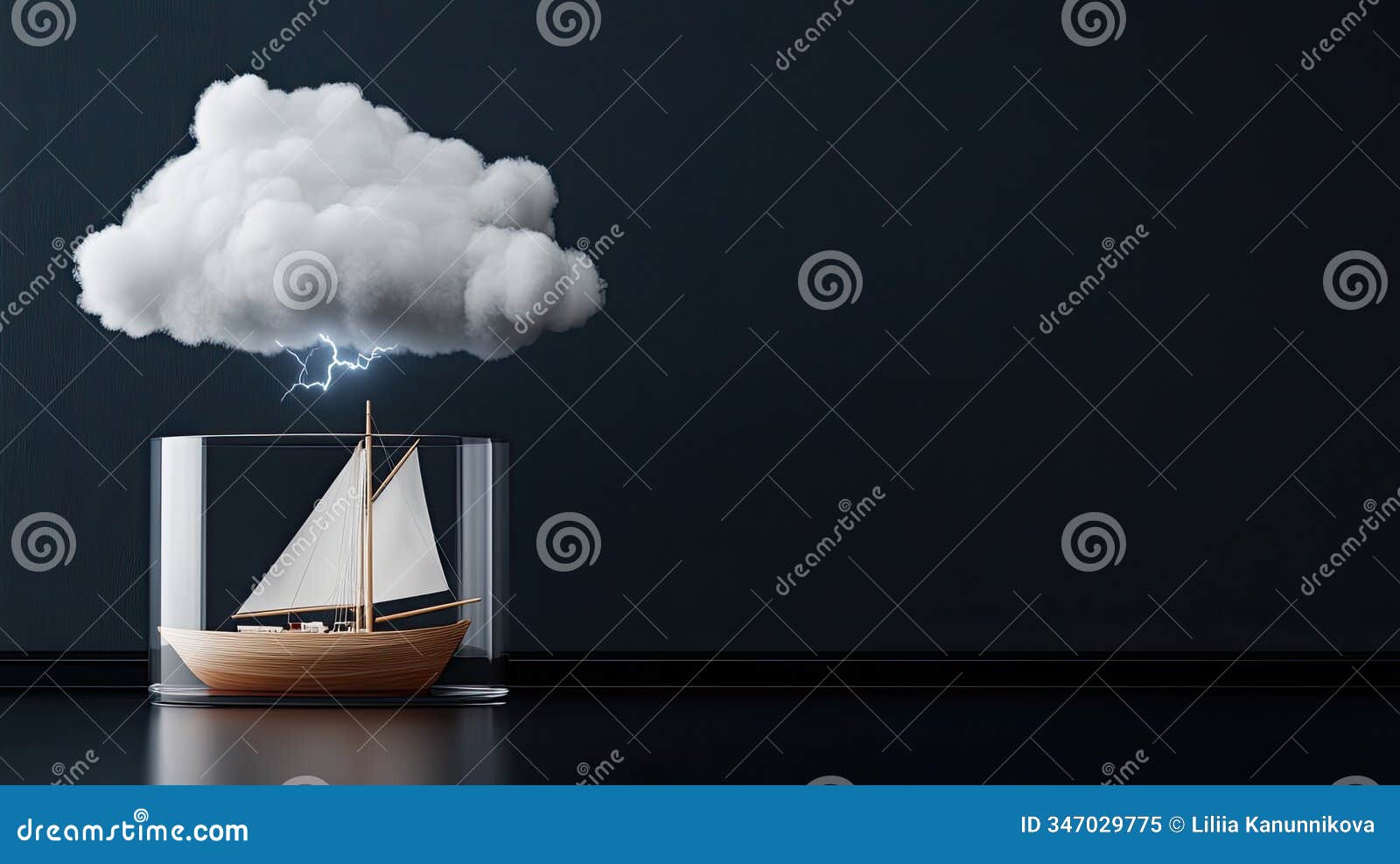 A Small Sailing Ship Floats in Turbulent Water Inside a Glass, while ...