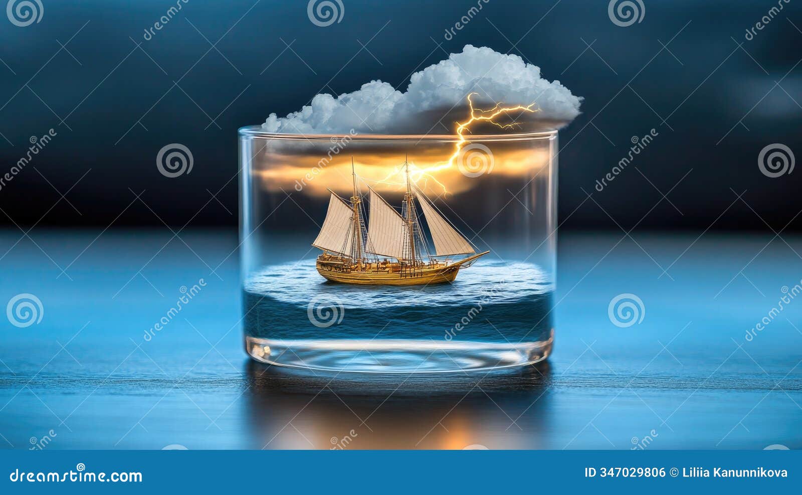 A Small Sailing Ship Floats in Turbulent Water Inside a Glass, while ...
