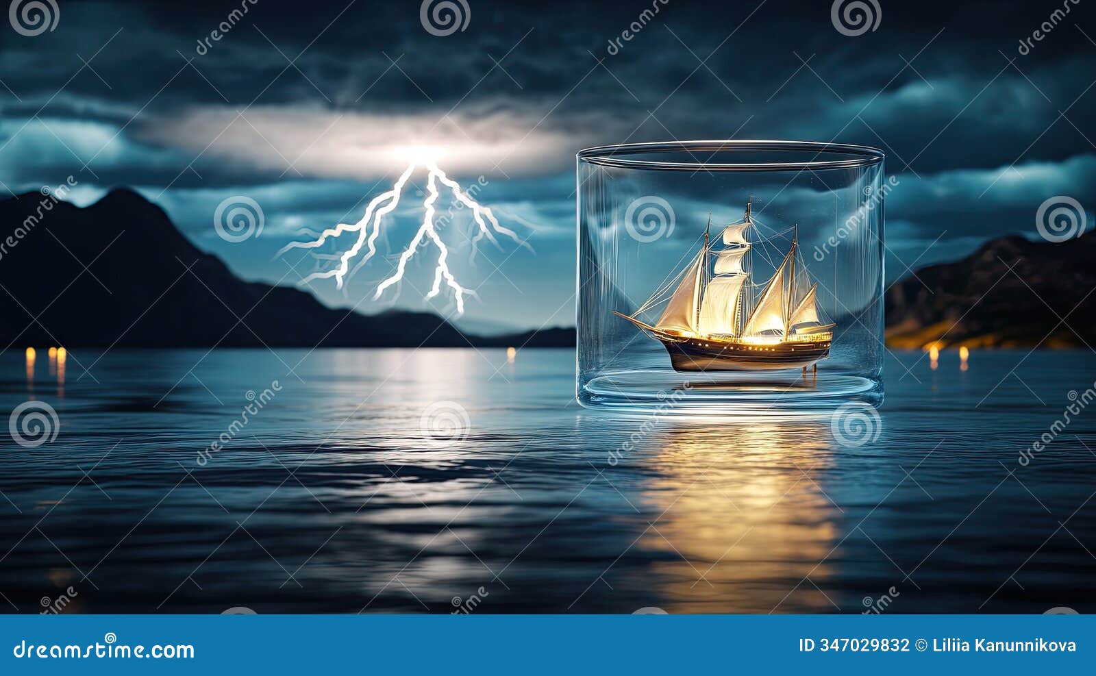 A Small Sailing Ship Floats in Turbulent Water Inside a Glass, while ...