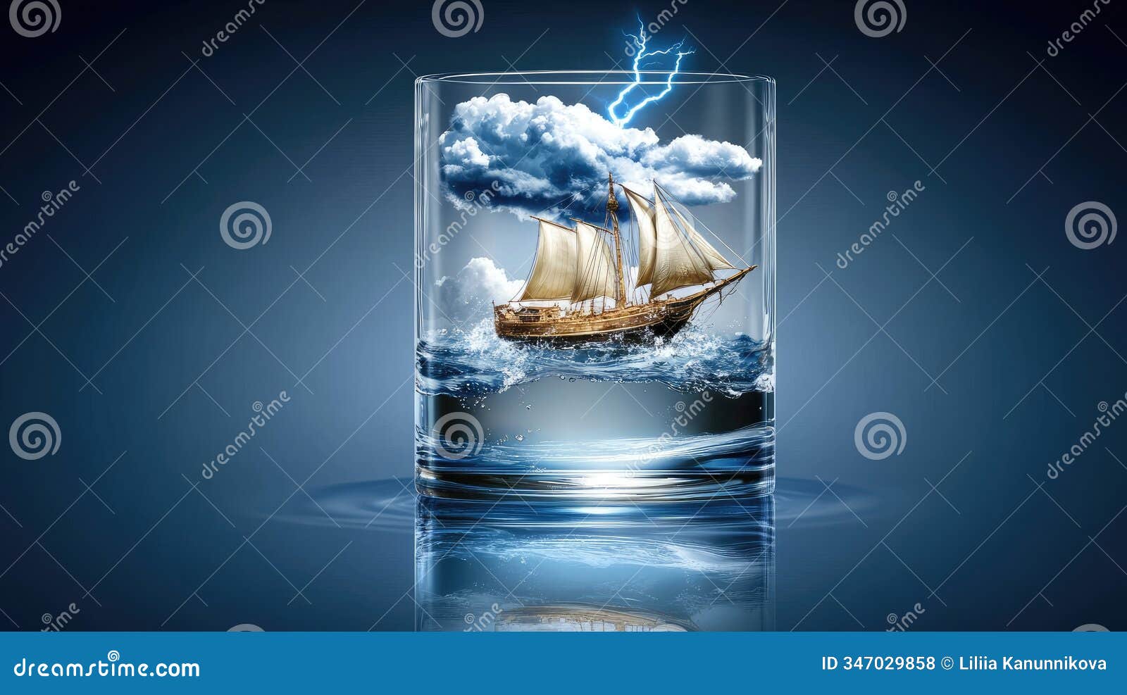 A Small Sailing Ship Floats in Turbulent Water Inside a Glass, while ...