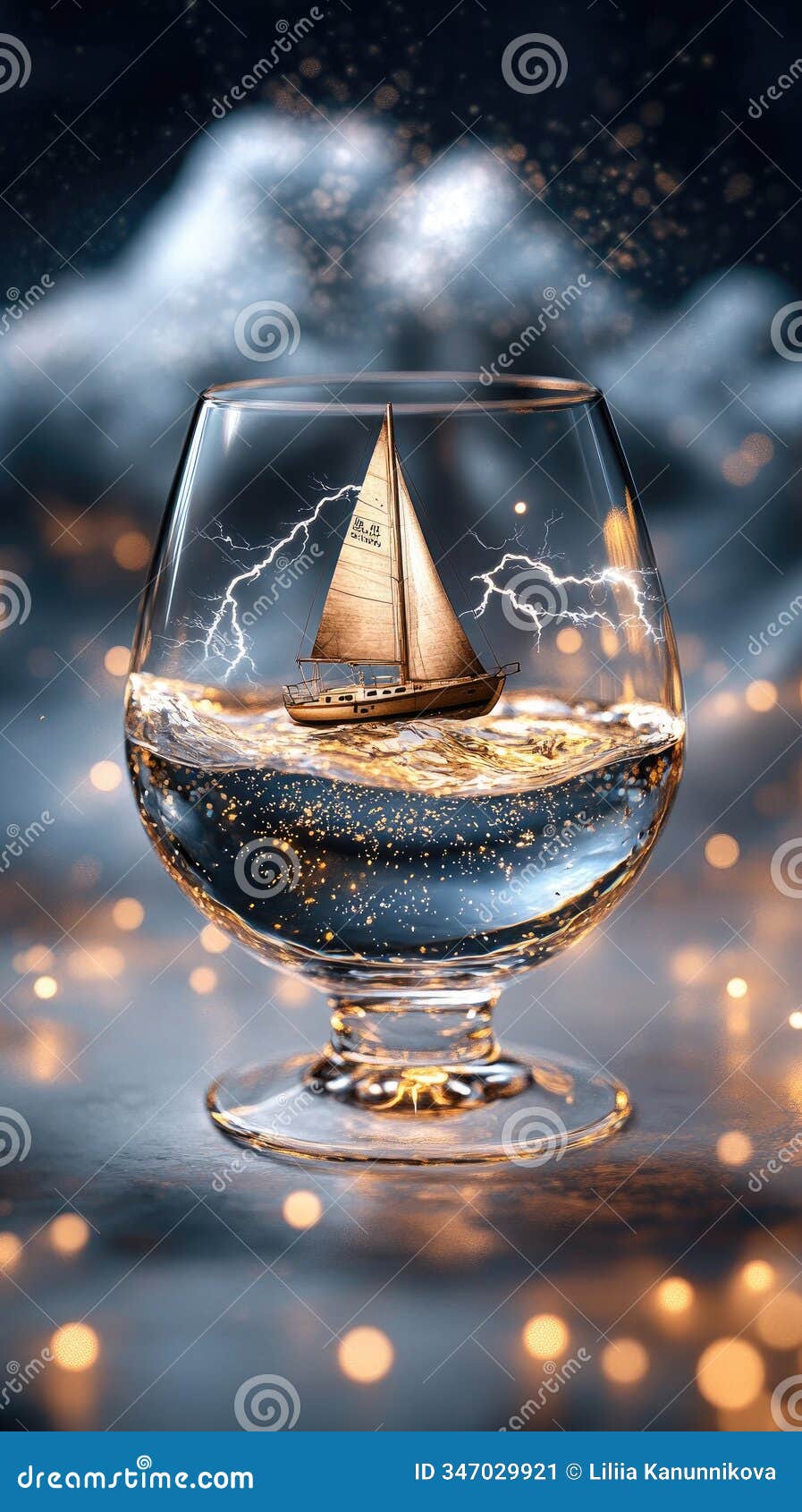 A Small Sailing Ship Floats in Turbulent Water Inside a Glass, while ...