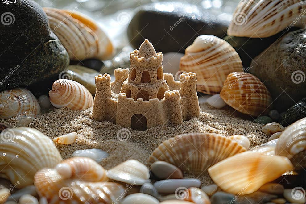 A Small Sandcastle Surrounded by Smooth Shells and Pebbles, Styled ...