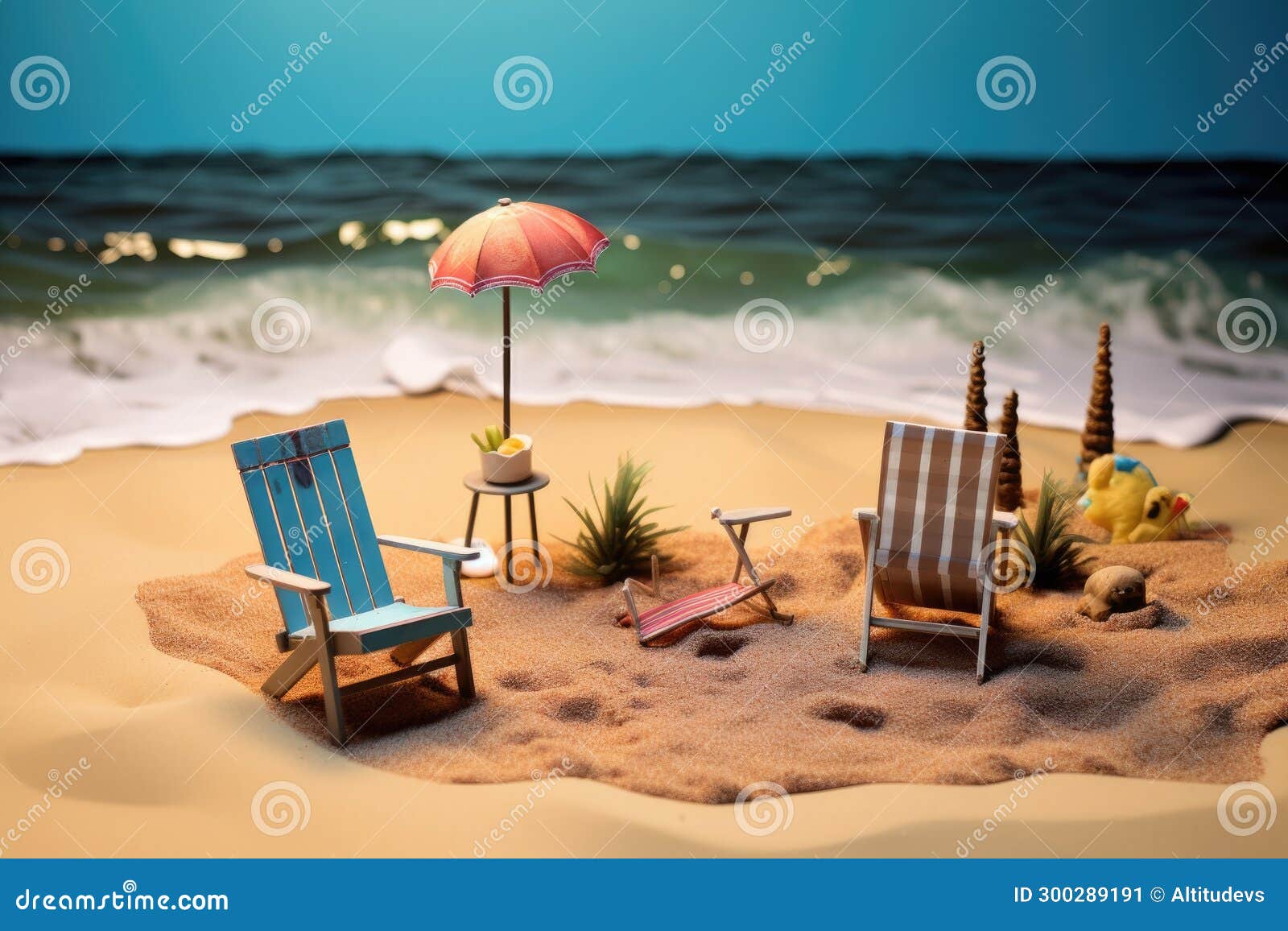 Small-scale Beach Scene with Tiny Waves and Beach Chairs Stock Image ...