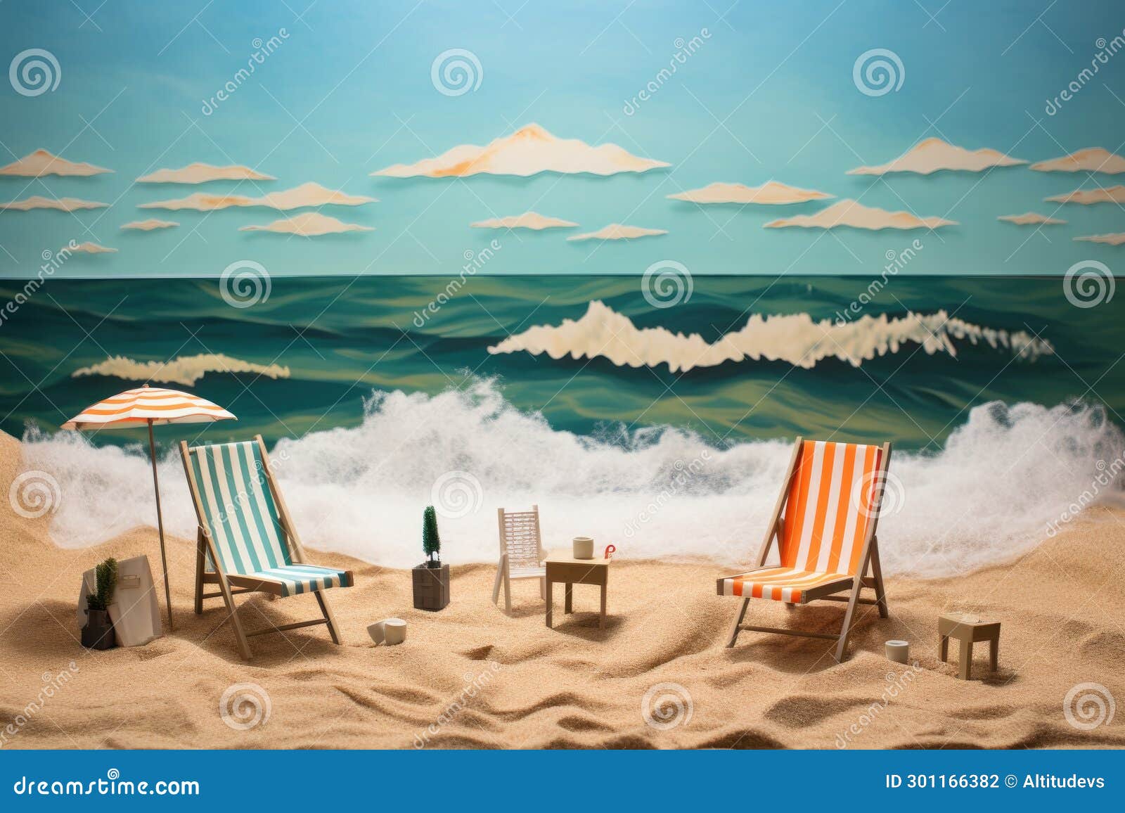 Small-scale Beach Scene with Tiny Waves and Beach Chairs Stock ...