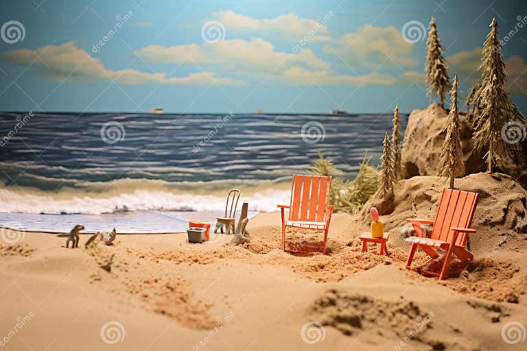 Small-scale Beach Scene with Tiny Waves and Beach Chairs Stock Image ...