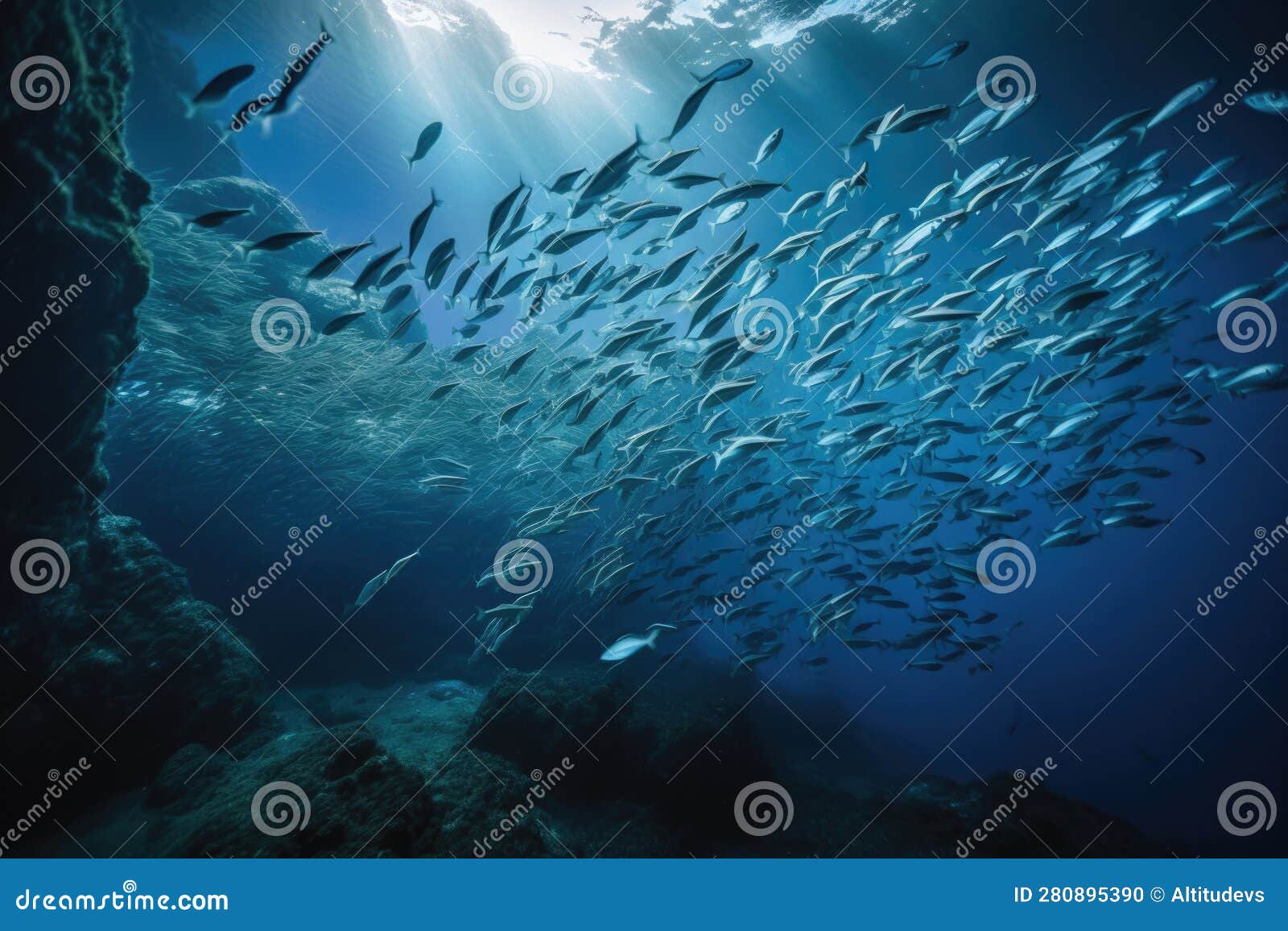 Small School of Fish Swimming in the Blue Depths Stock Photo - Image of ...