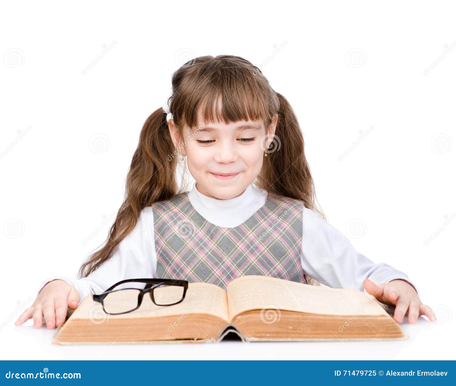 Small Schoolgirl Reading Big Book. Isolated On White Background Royalty ...
