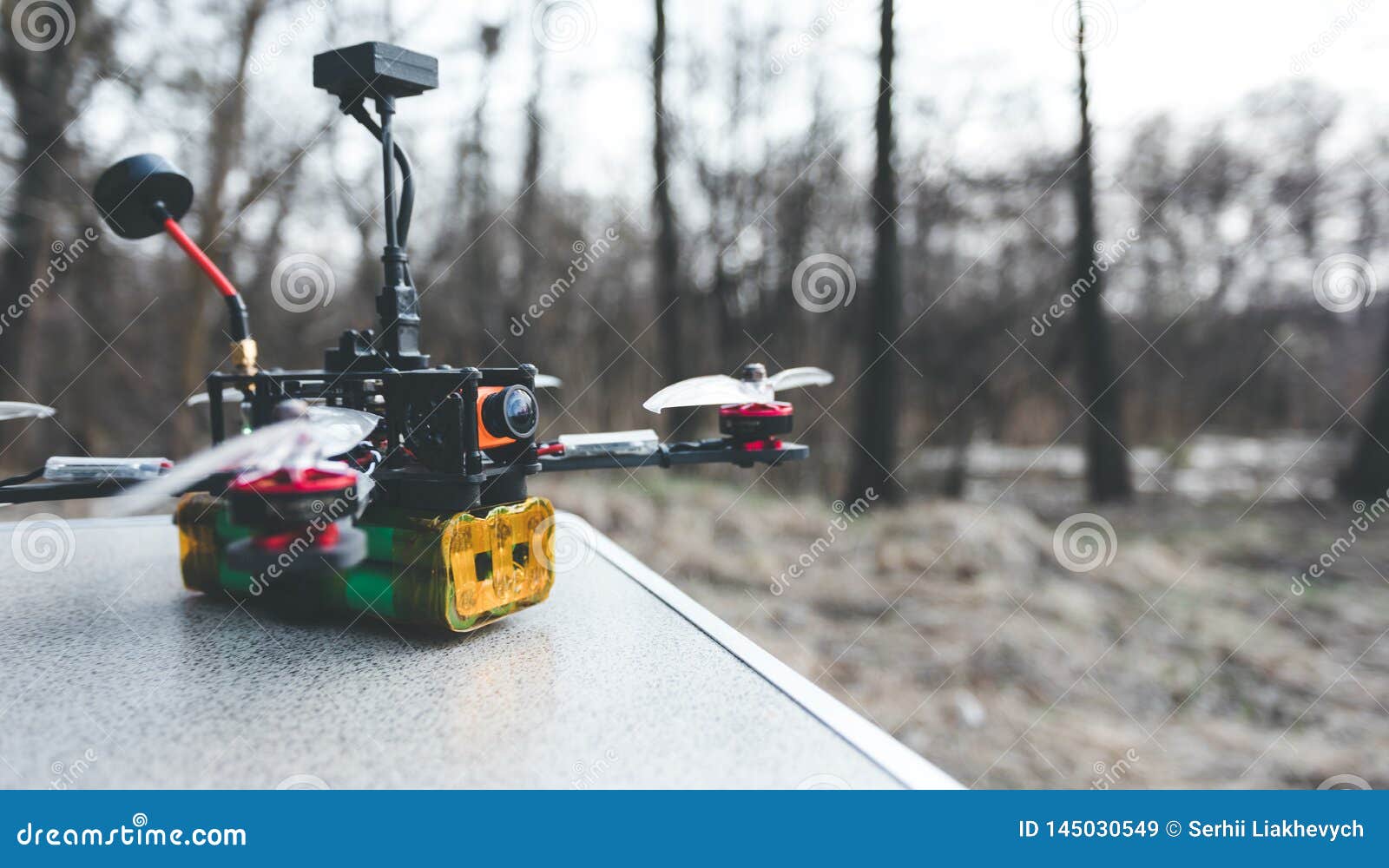 A Small Self Made FPV Drone Lies on the Table before the Flight. Stock ...