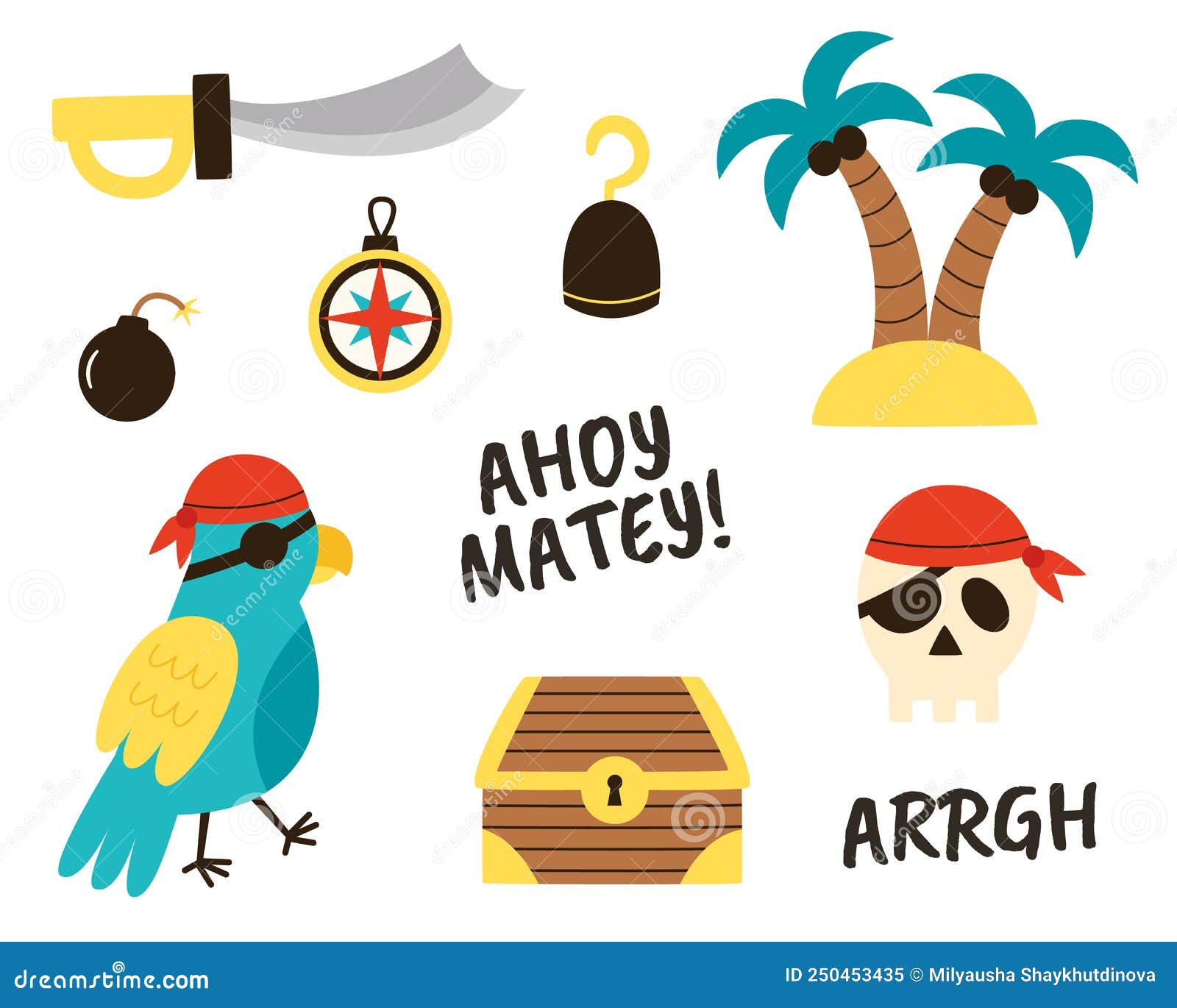 Set of Hand Drawn Pirate Elements for Creating Logos, Cards, Worksheets ...