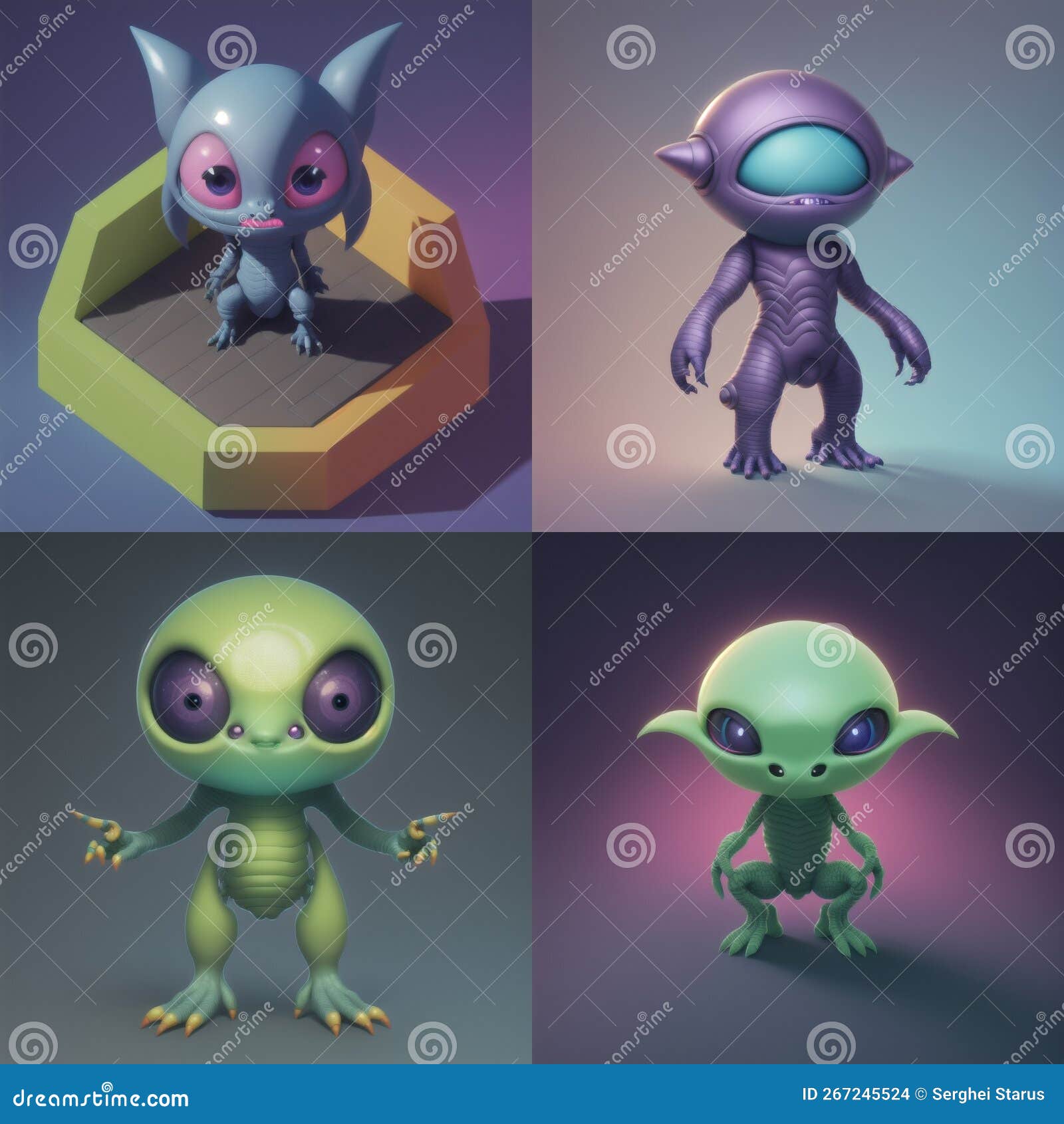 Small Set of Tiny Cute Creepy Alien Creatures, 3D Concept Characters ...