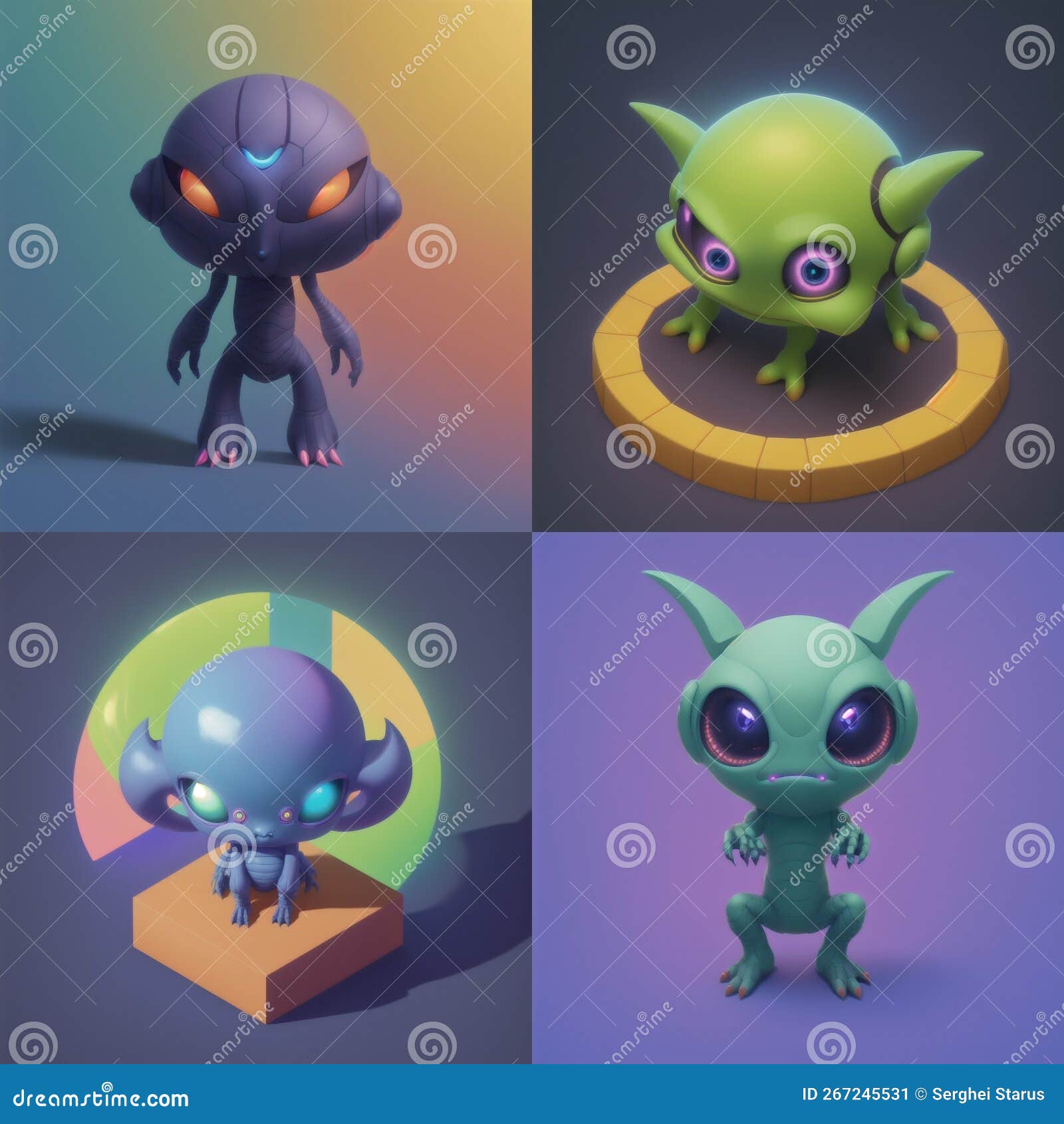 Small Set of Tiny Cute Creepy Alien Creatures, 3D Concept Characters ...