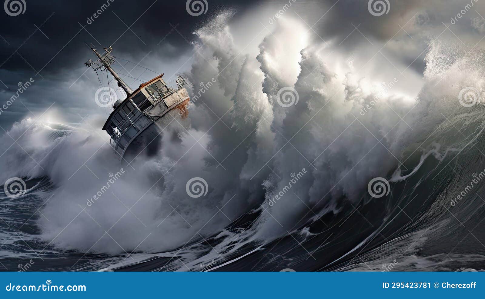 A Small Ship is Covered by a Wave during a Storm at Sea Stock Image ...