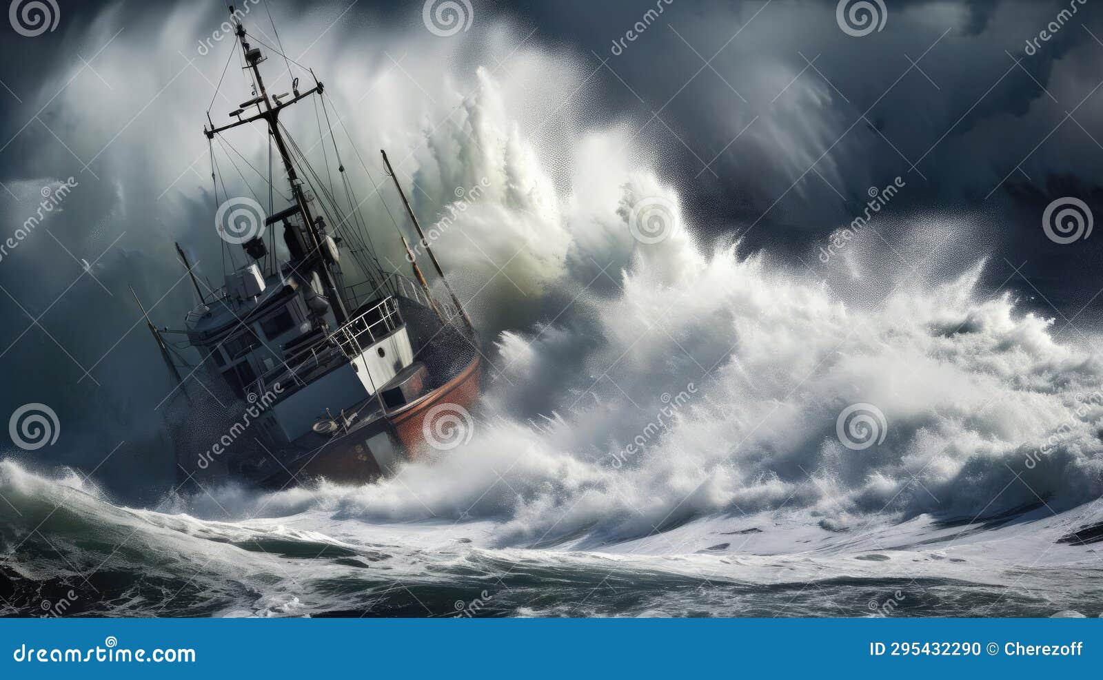 A Small Ship is Covered by a Wave during a Storm at Sea Stock Photo ...