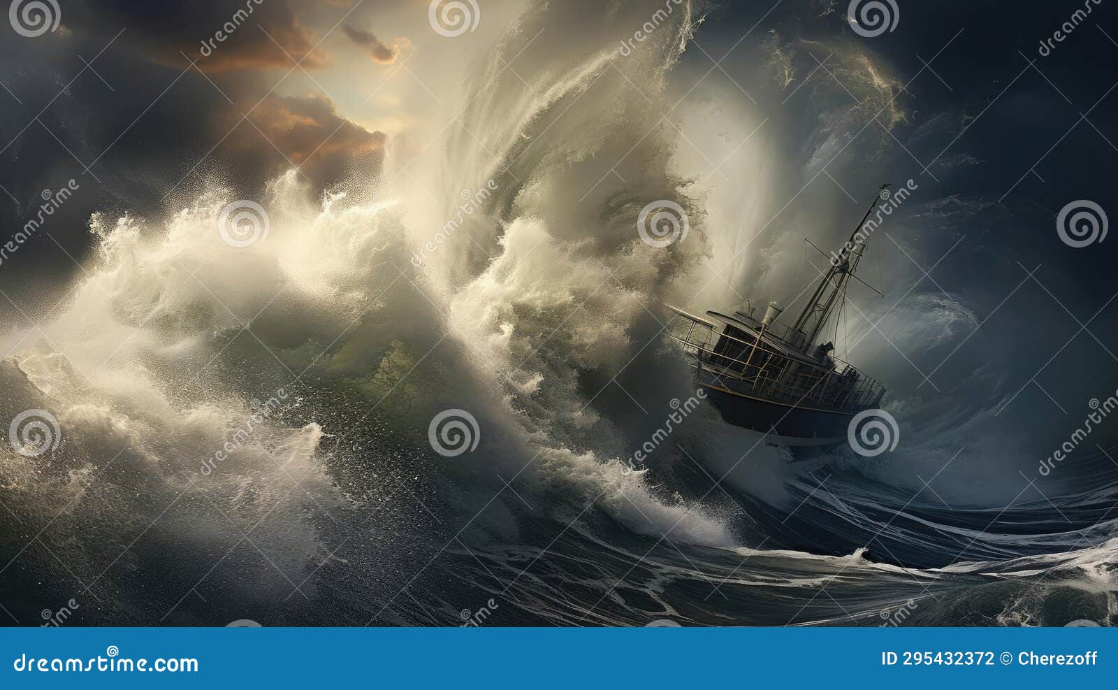 A Small Ship is Covered by a Wave during a Storm at Sea Stock Photo ...