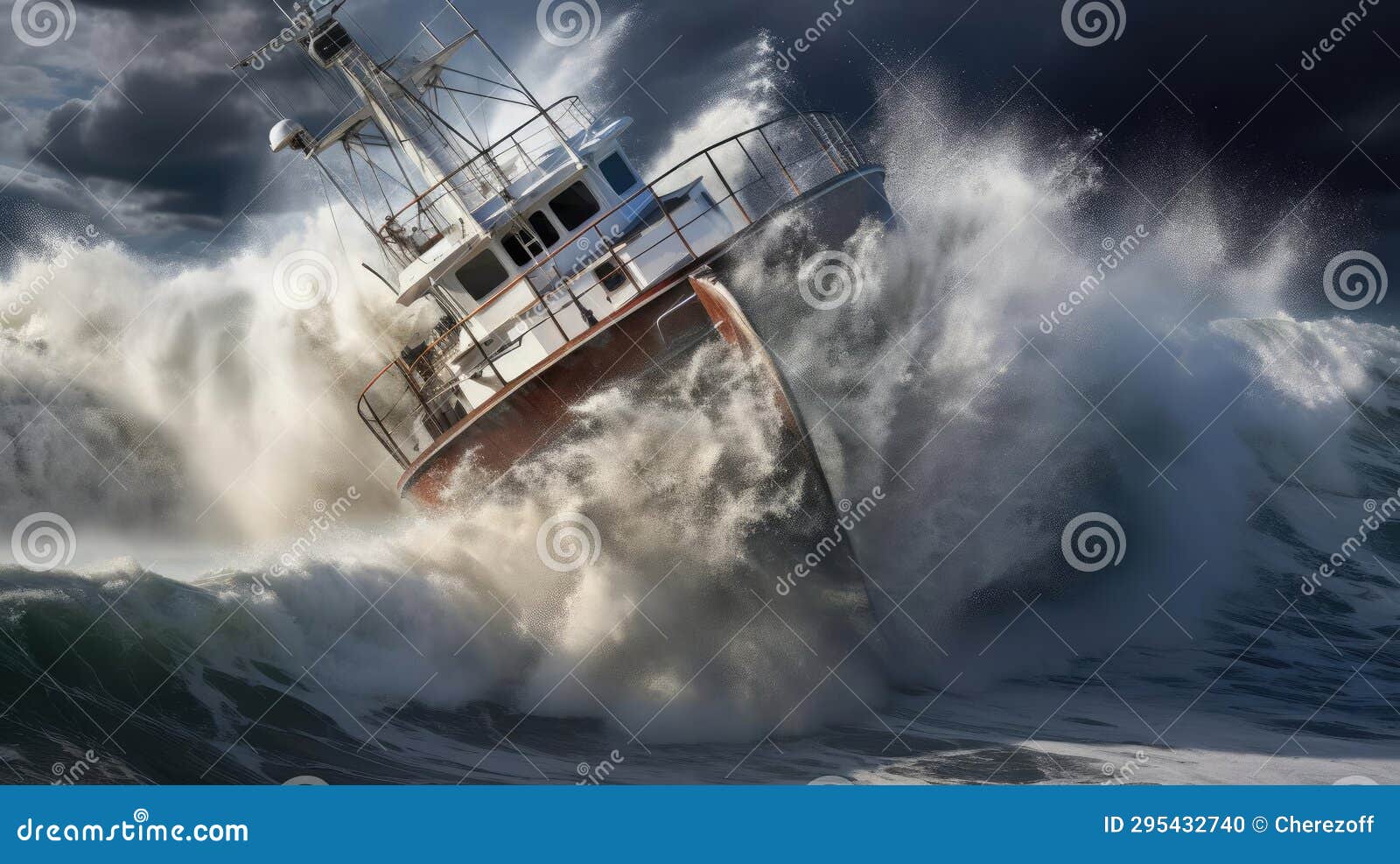 A Small Ship is Covered by a Wave during a Storm at Sea Stock Photo ...