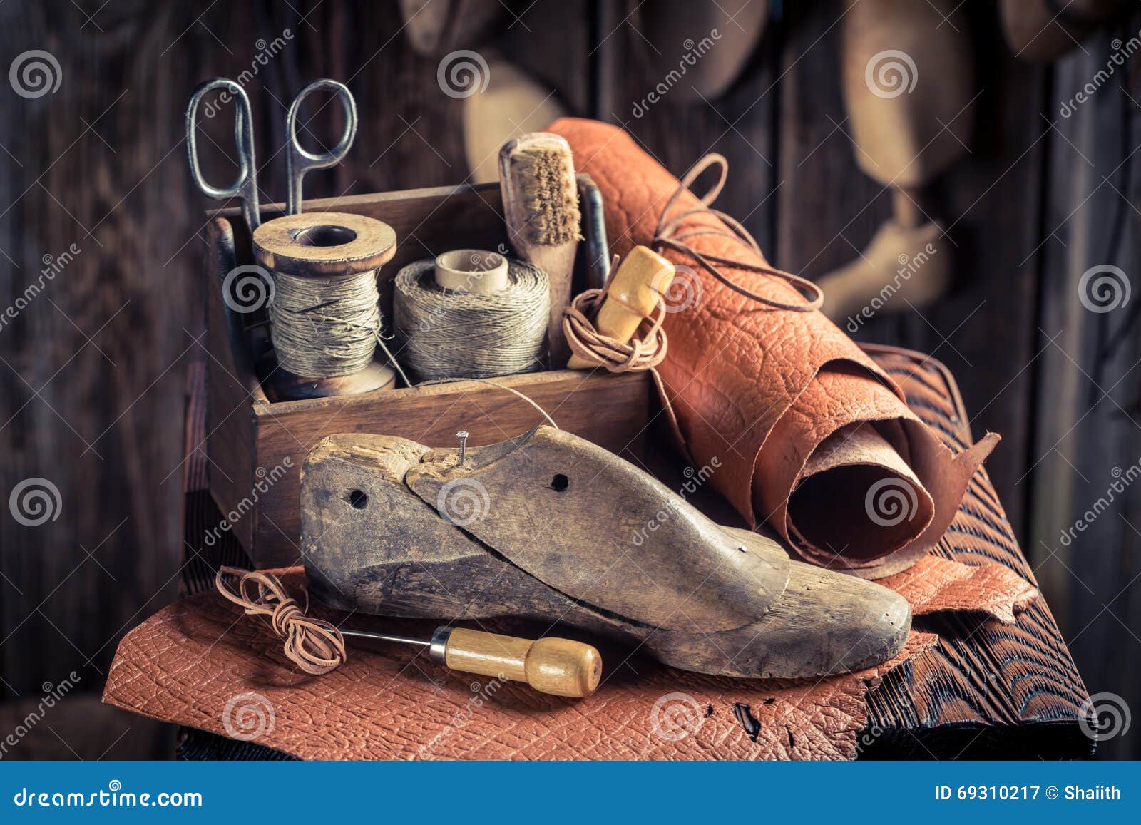 Small Shoemaker Workshop with Shoes, Laces and Tools Stock Image ...
