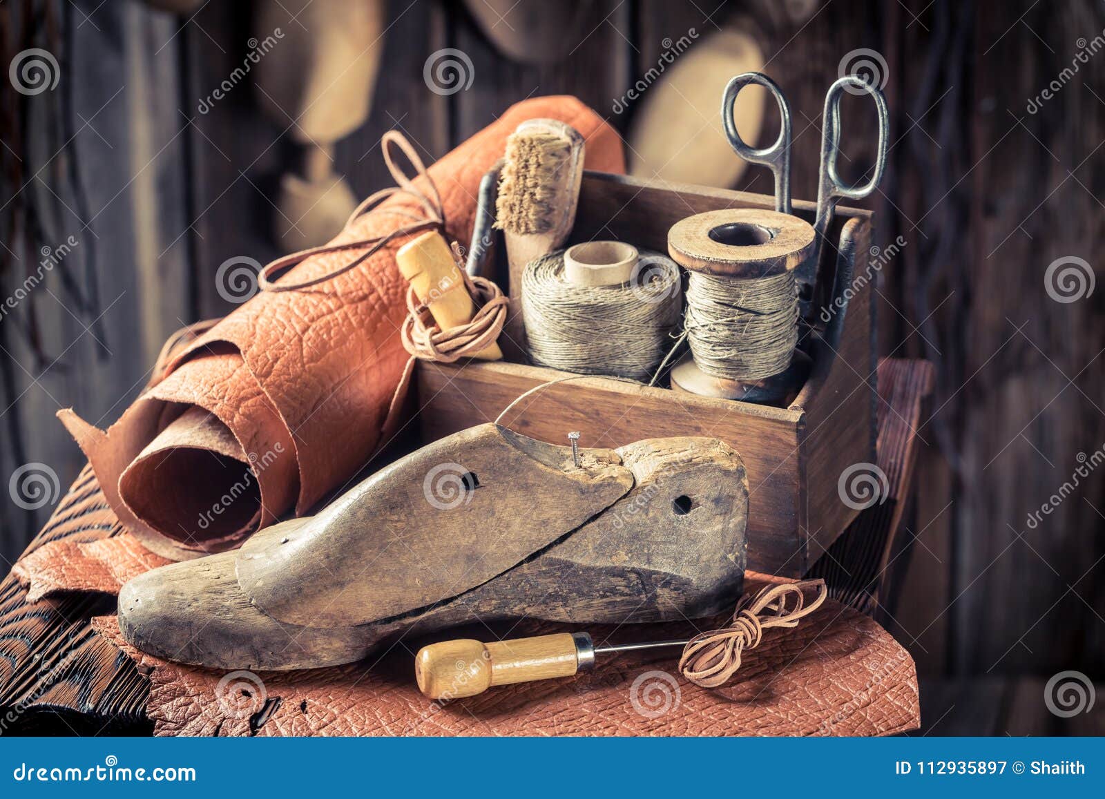 Small Shoemaker Workshop with Shoes, Threads and Tools Stock Image ...