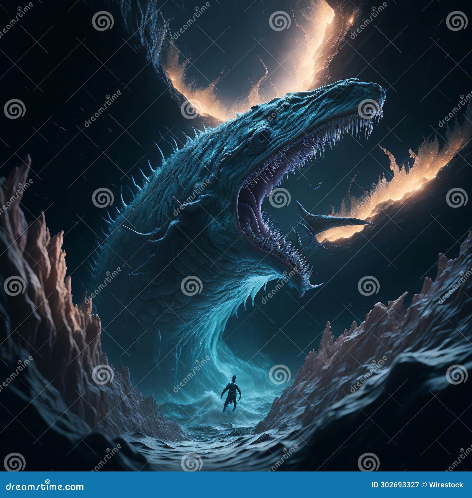 Small Silhouette of a Man Looking at the Monster in the Mountains Stock ...