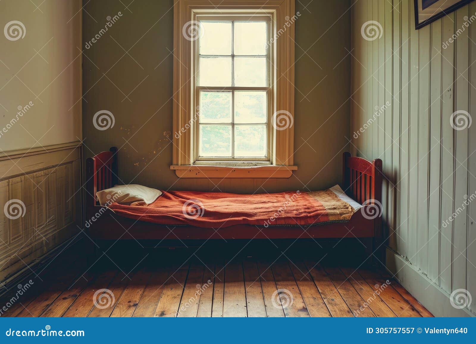 Small Single Bed Sits in Corner of Empty Room with only One Window ...
