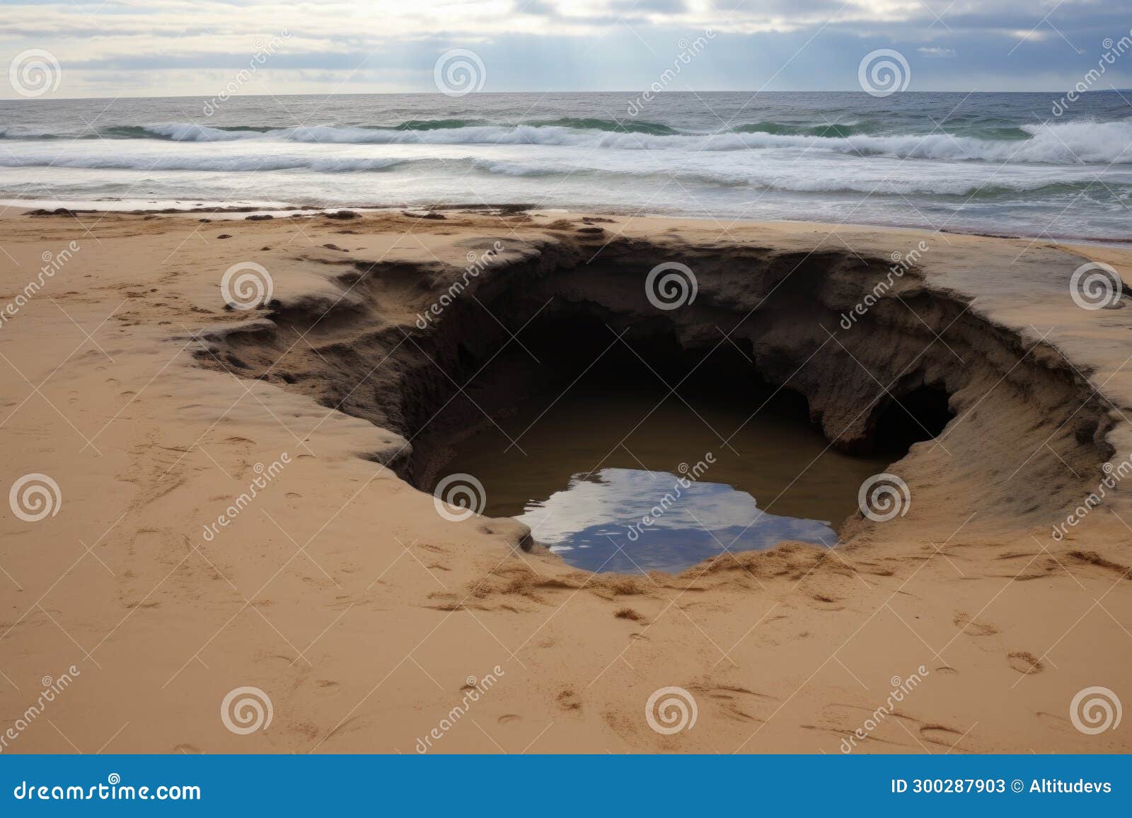 A Small Sinkhole in a Sandy Beach with Ocean Waves in the Background ...