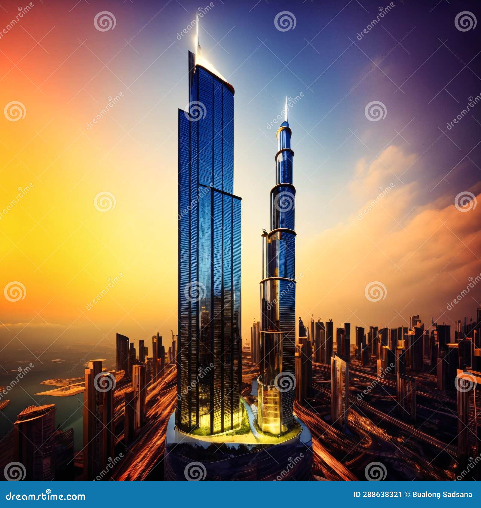 Small Skyscraper on Top of Another Skyscraper Touching the Sky Stock ...