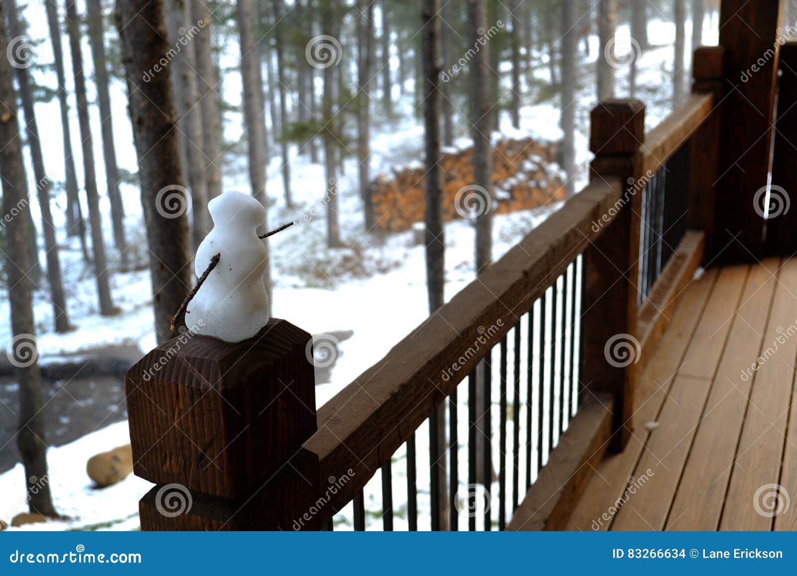 Small Snowman on Railing at Cabin Rustic Stock Photo - Image of frosty ...