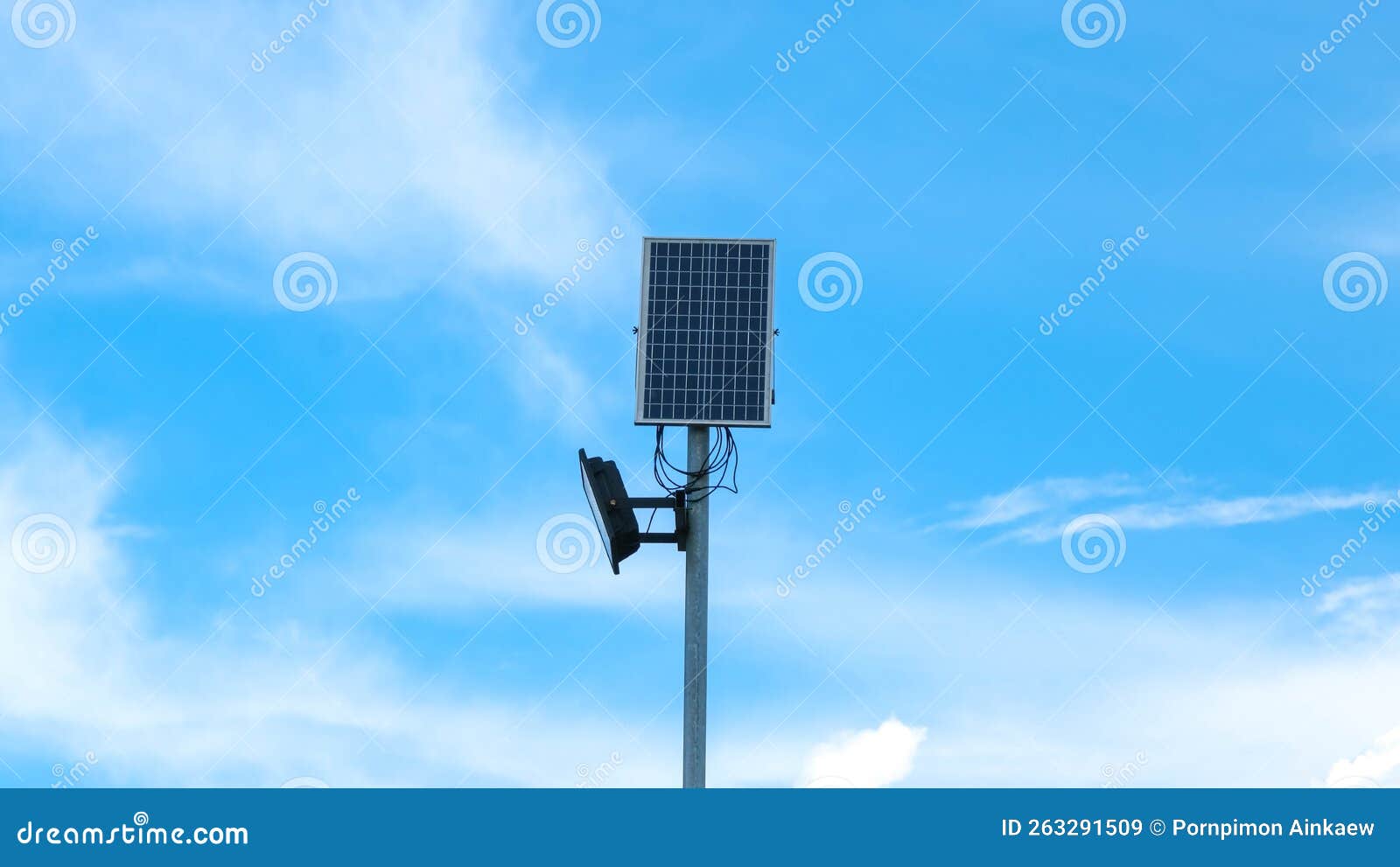 Small Solar Panel with Digital LED Lights on Blue Sky with Sun. Solar ...