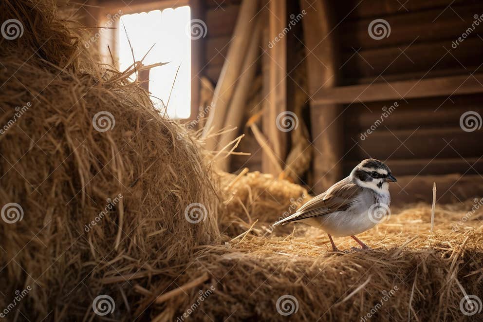 A Small Sparrow Pecking at a Hay Bale in a Rustic Barn Stock Image ...