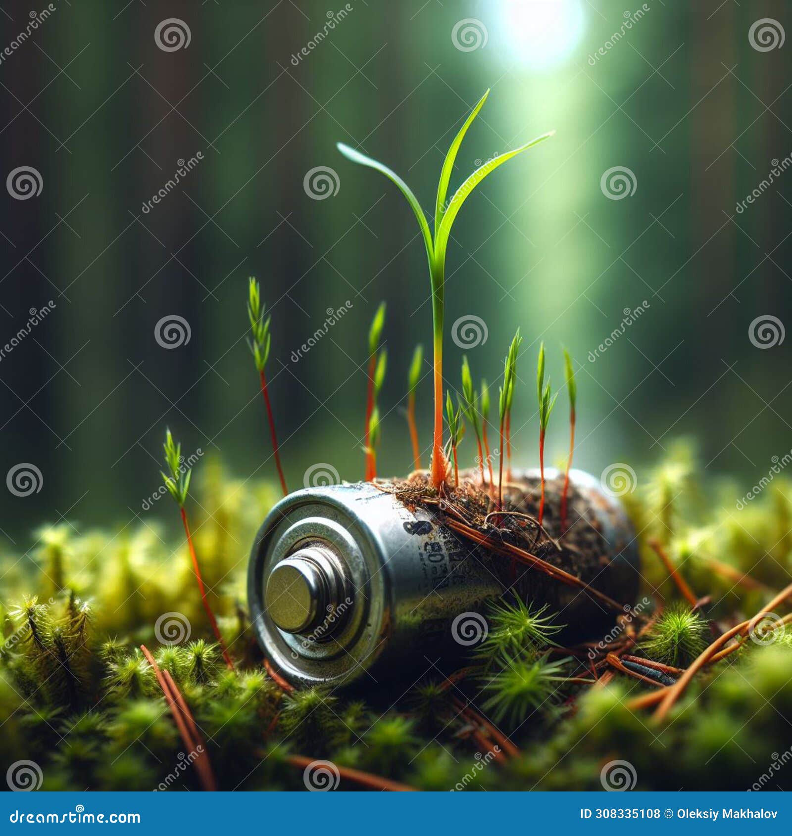 Small Sprout of Grass from an Old AA Battery Isolated on a Blurred ...