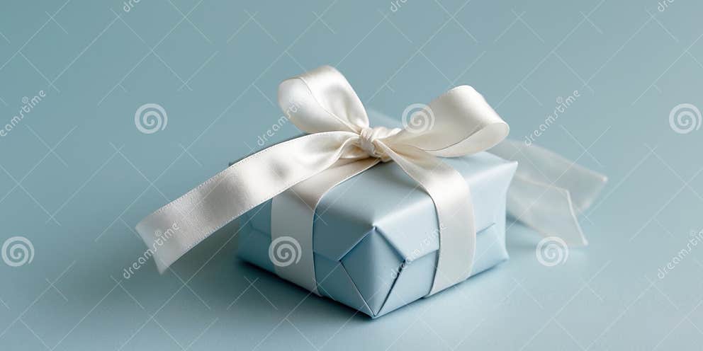 Small Square Gift Box with White Ribbon on Light Blue Background Placed ...