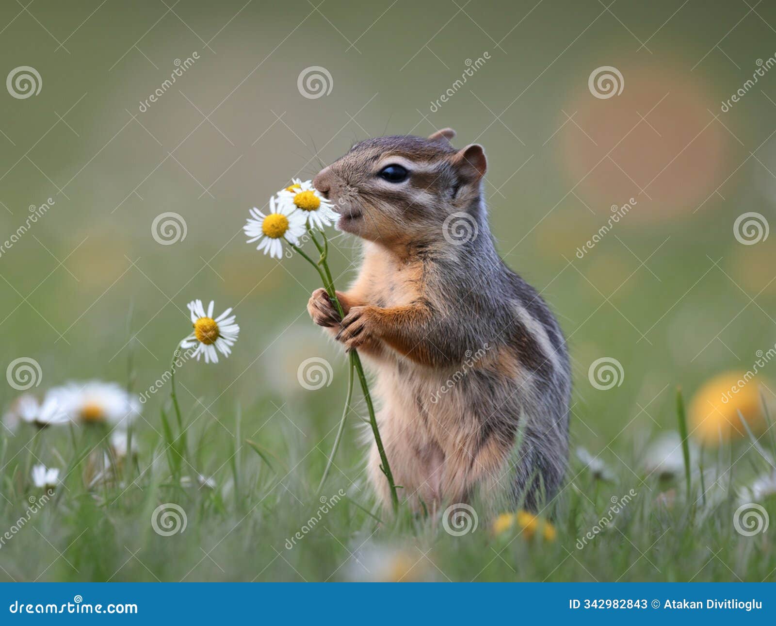 Small Squirrel Smelling a Daisy Flower in a Green Meadow Stock ...