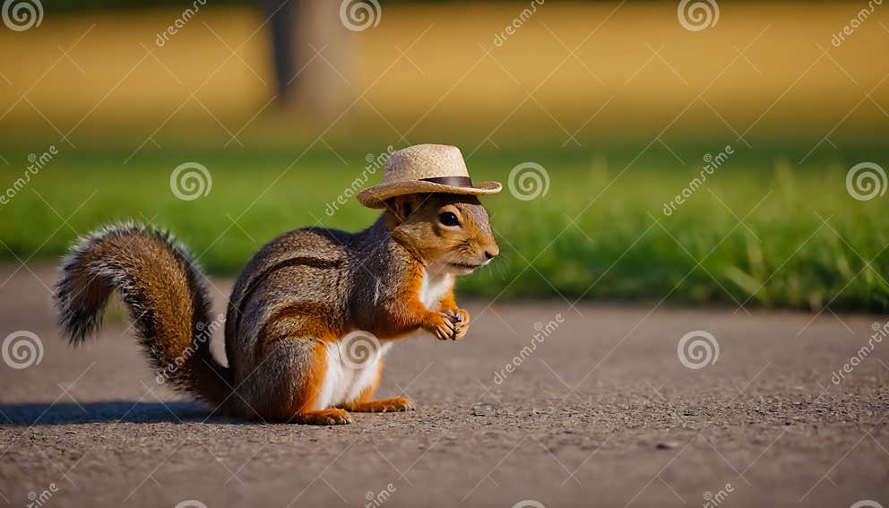 A Small Squirrel Wearing a Straw Hat on the Ground Stock Illustration ...