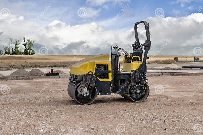 Small Steamroller at a Construction Site Leveling the Ground Stock ...