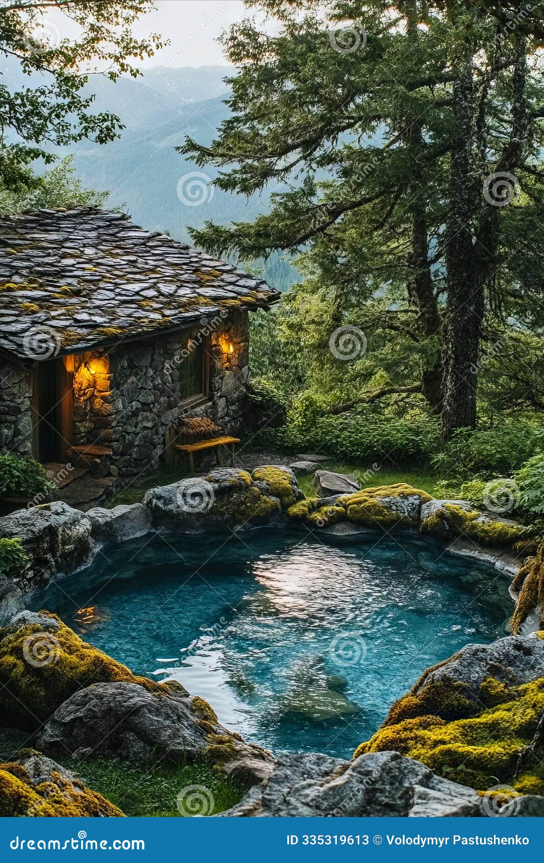 A Small Stone Building with a Pool in the Middle of a Forest Stock ...