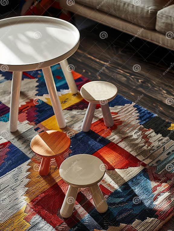Small Stools and Table in a Colorful, Vibrant Playroom Setup. Stock ...