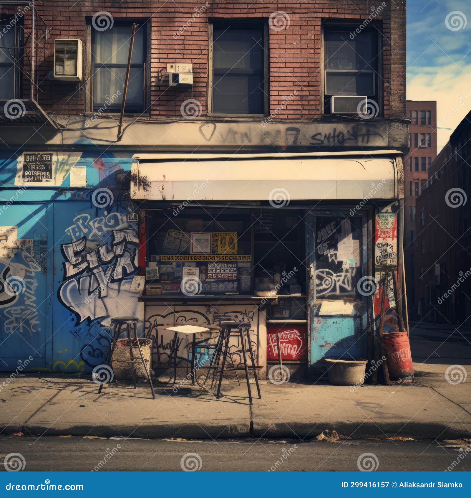 A Small Store with Graffiti on the Side of the Building Stock Image ...