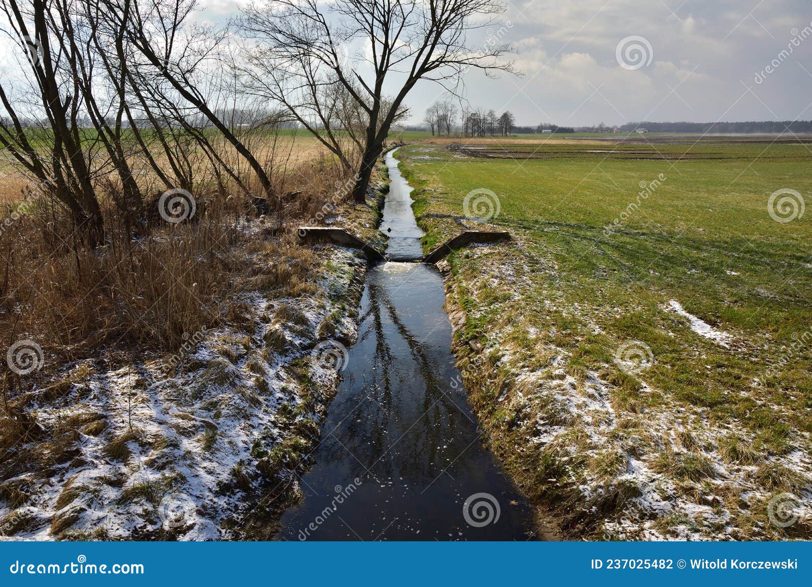 A Small Stream Divided by a Concrete Dam, a Sunny Spring Day Stock ...