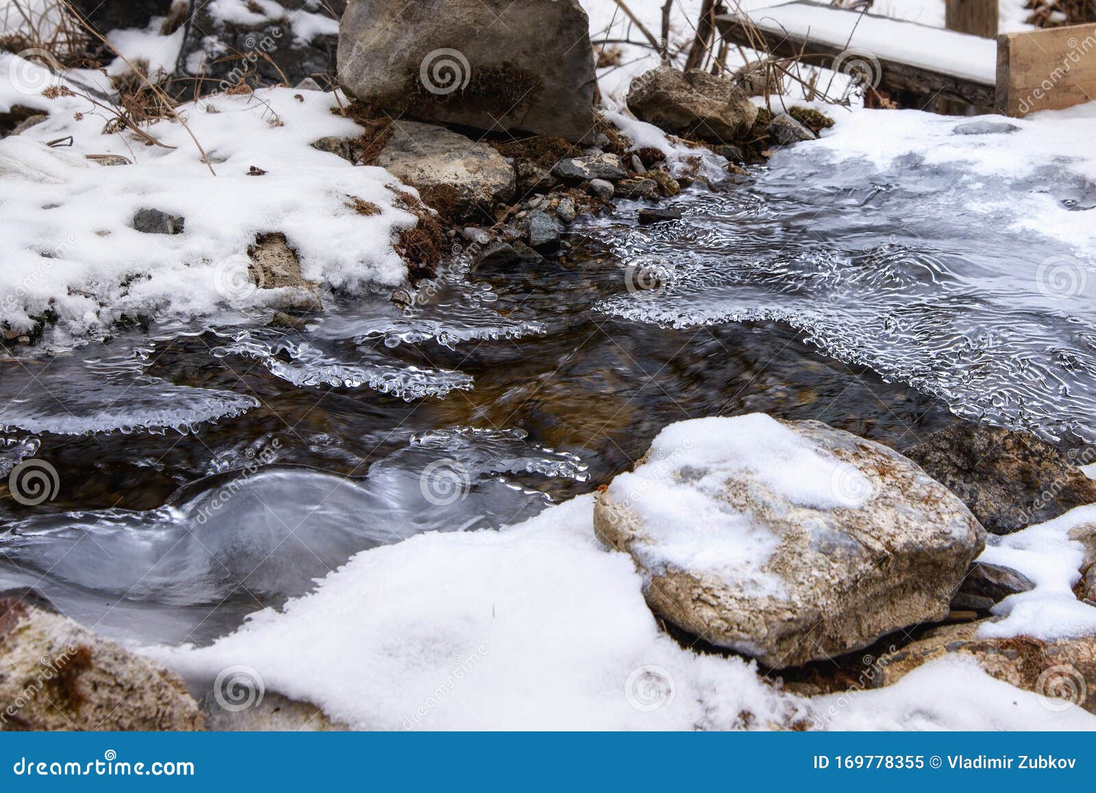 A Small Stream Running among the Rocks Covered with Thin Ice Stock ...