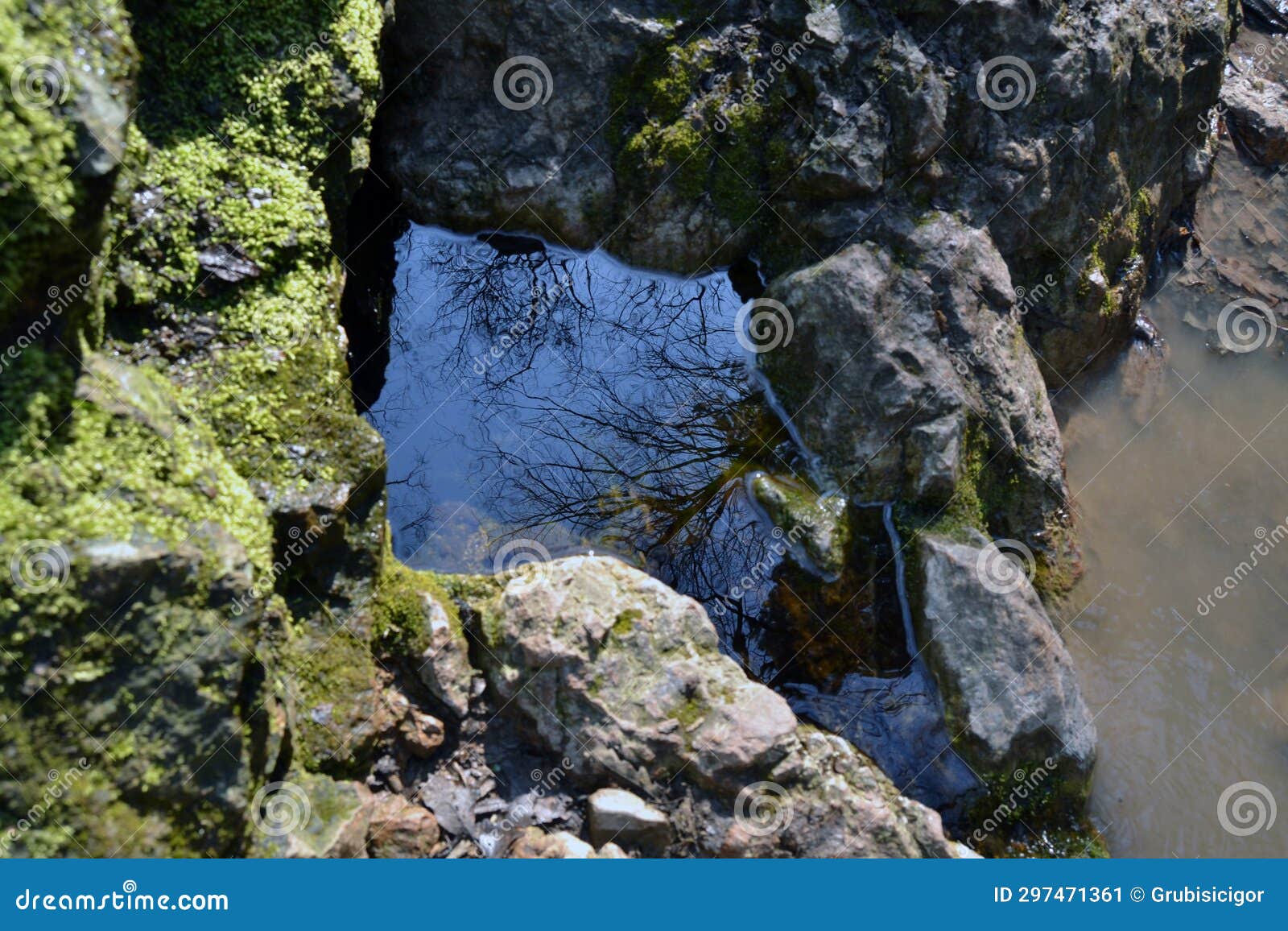 A Small Stream Flows through a Stone Hole in the Rock Wall. Stock Image ...