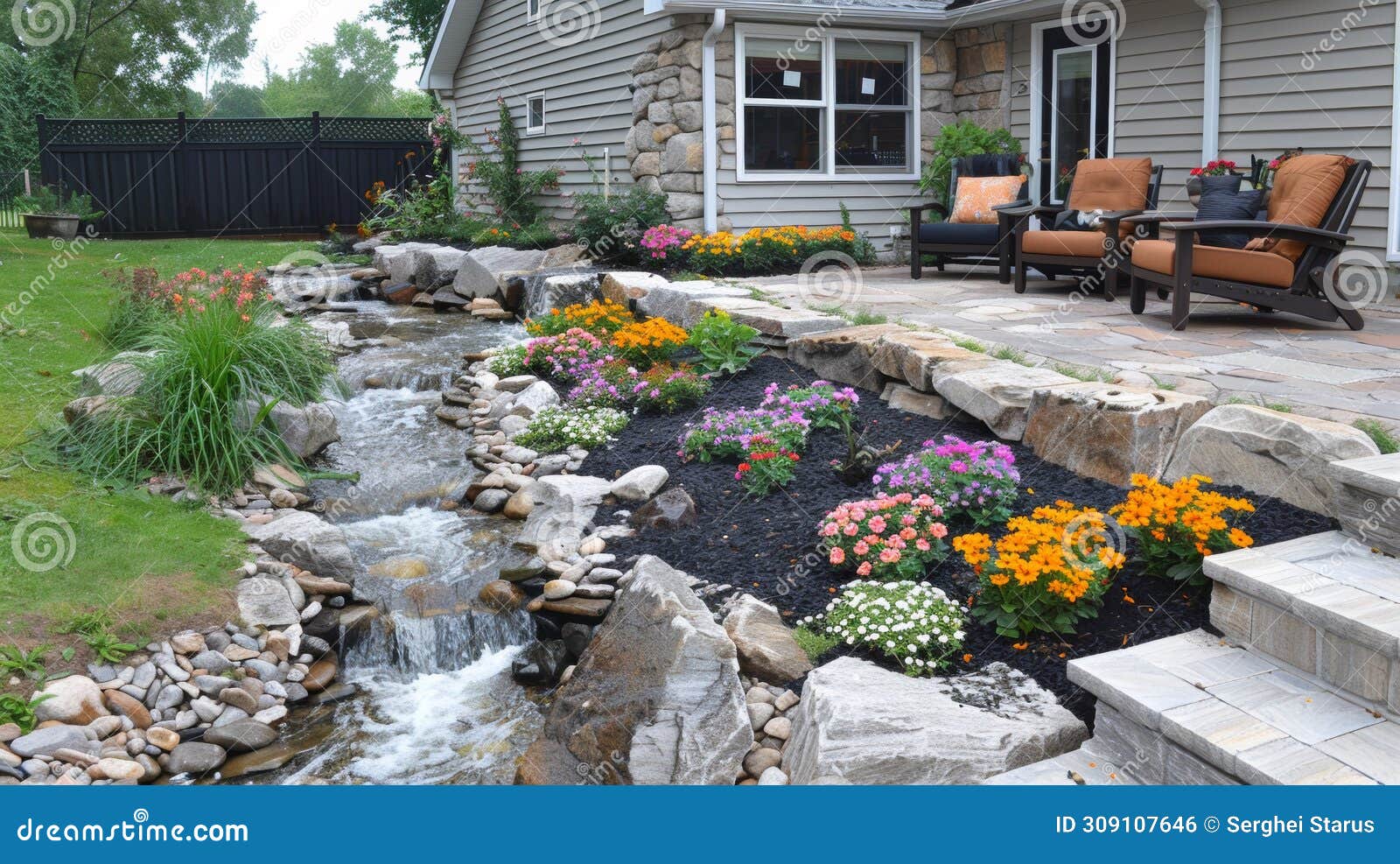 A Small Stream of Water Flowing through a Garden Area, AI Stock Photo ...